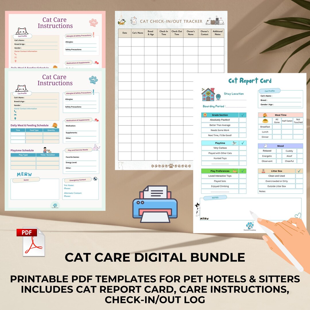 Cat Care Digital Bundle – Printable PDF Templates for Pet Hotels ...