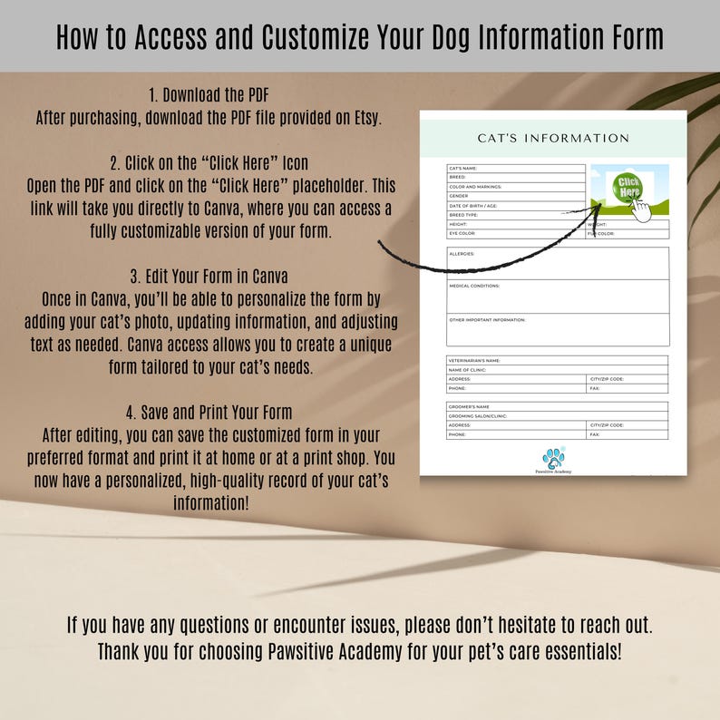 Printable & Editable Cat Info Sheet – Digital Emergency Record for Pet ...