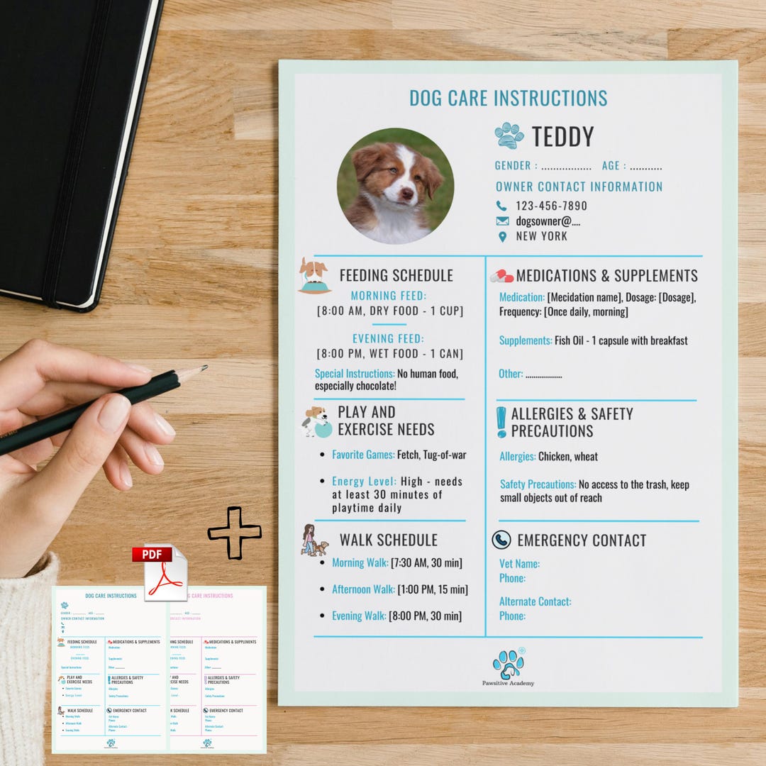 Editable Dog Care Instruction Sheet - Digital Download for Pet Sitters ...