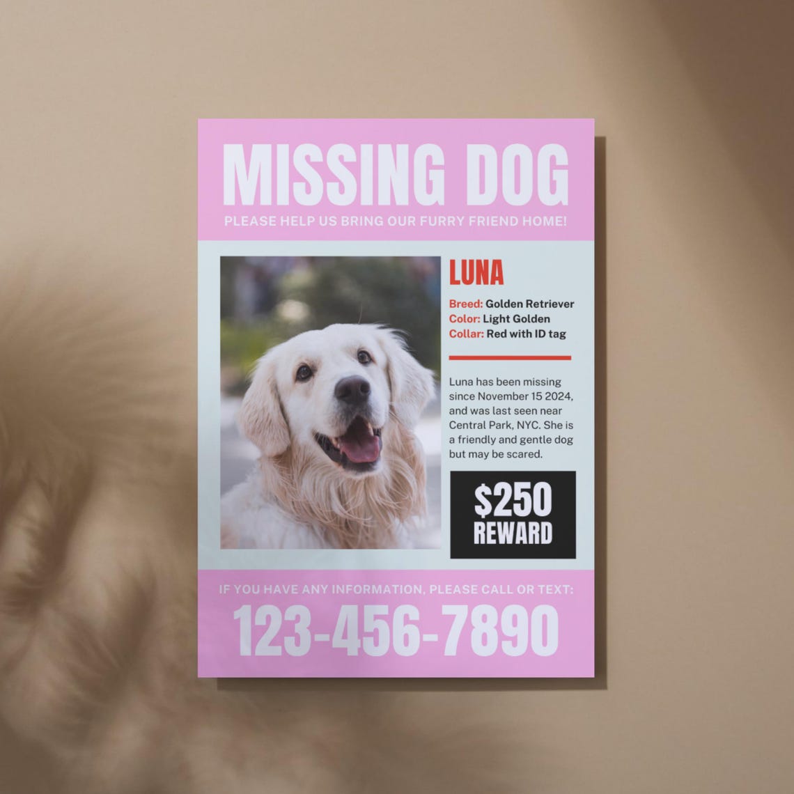 Customizable Lost Pet Poster | Editable Missing Dog Flyer for Printing ...