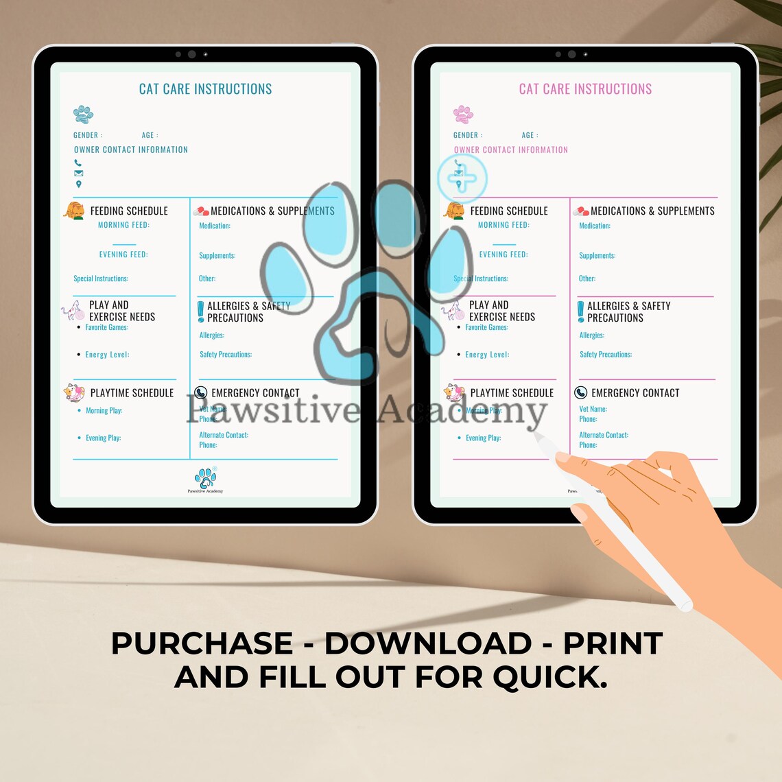 Editable Cat Care Instruction Sheet Digital Download for Pet Sitters ...