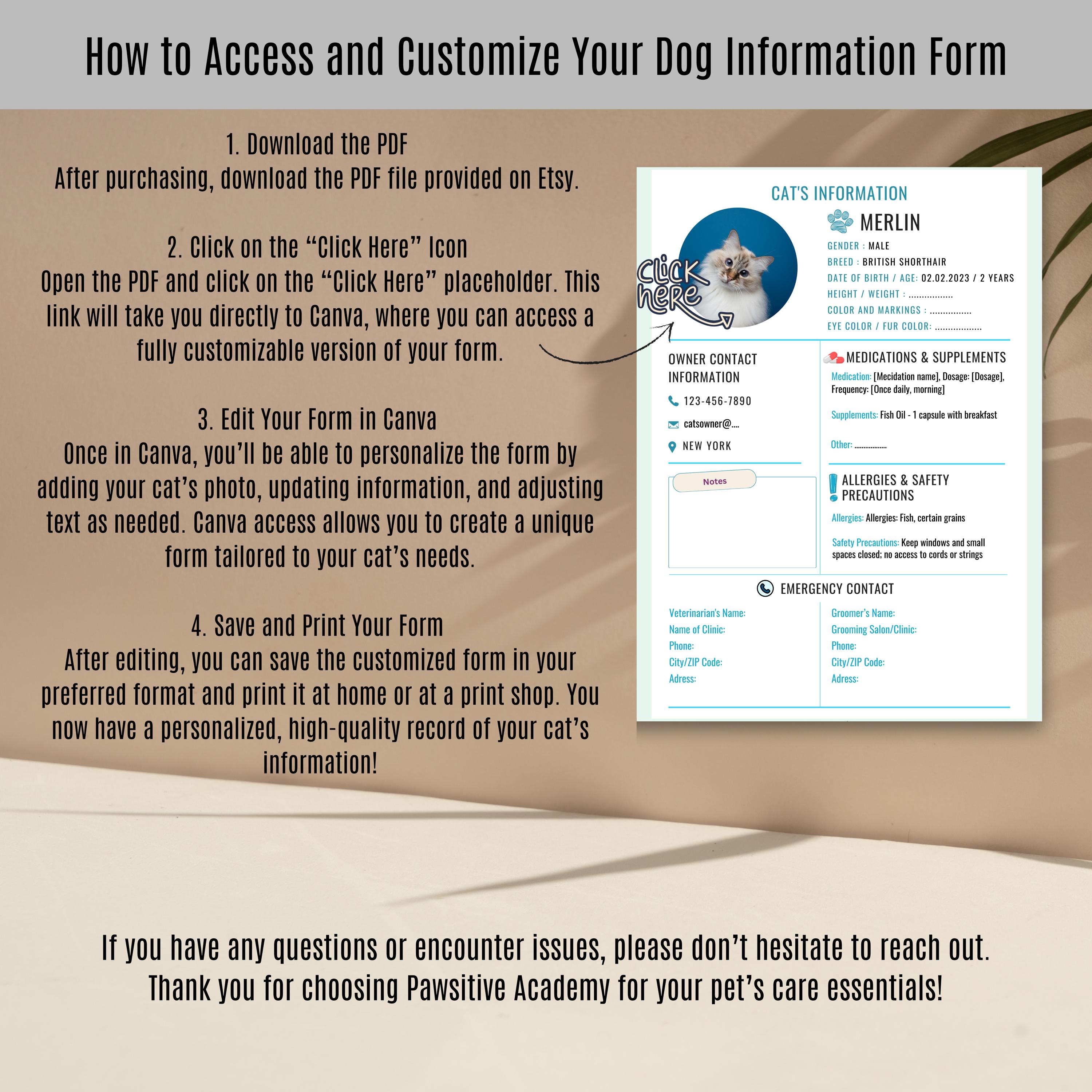 Printable & Editable Cat Info Sheet – Digital Emergency Record for Pet ...
