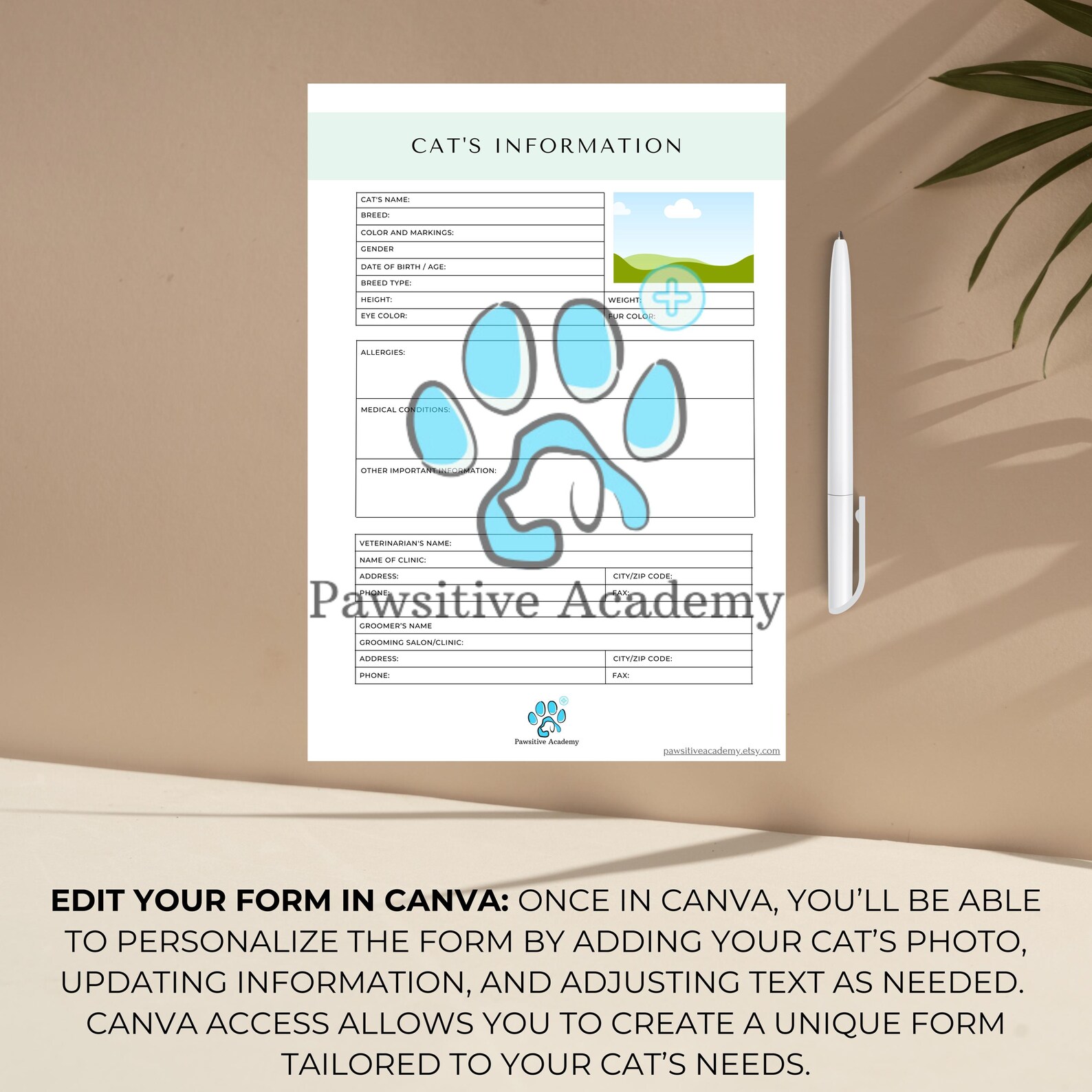Printable & Editable Cat Info Sheet – Digital Emergency Record for Pet ...