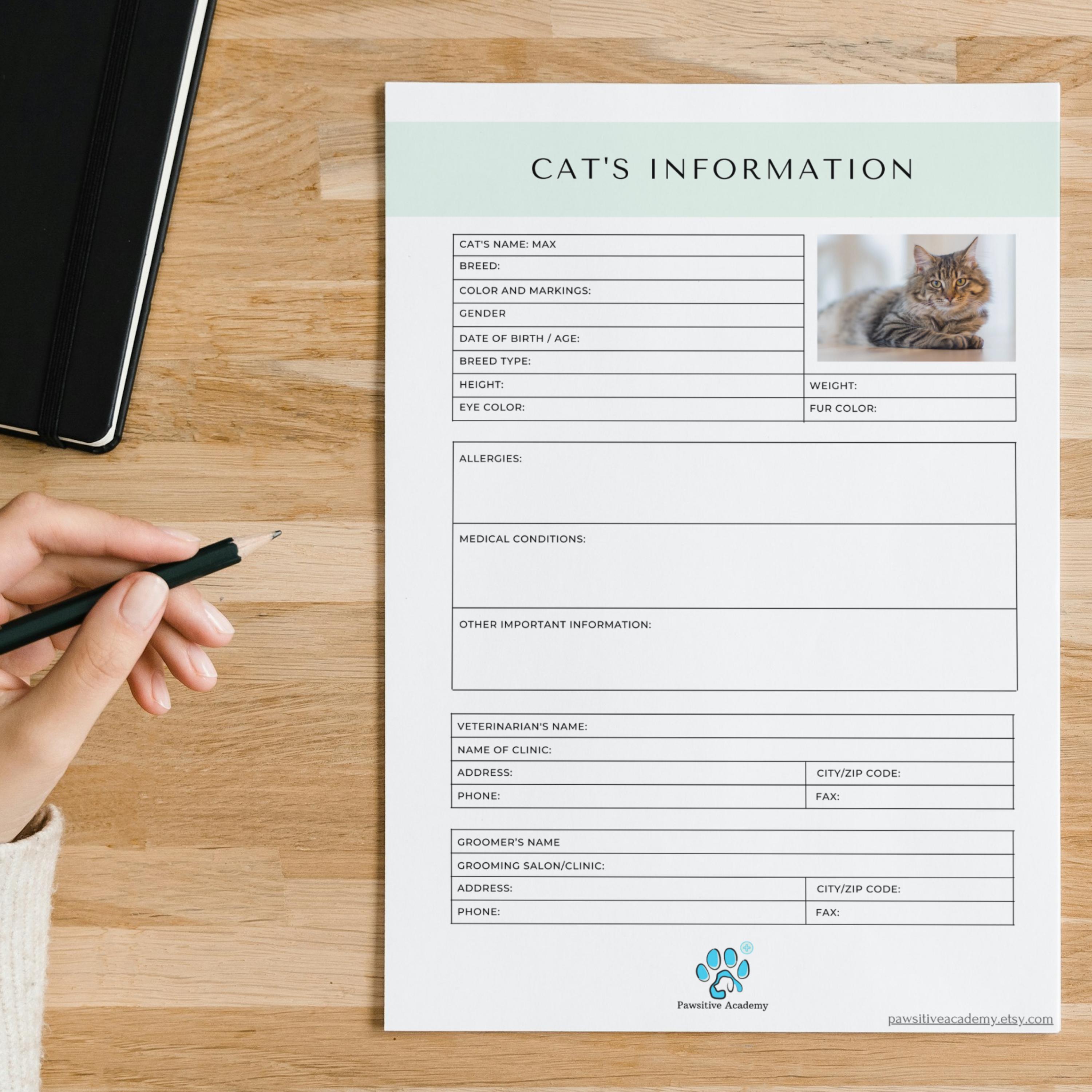 Printable & Editable Cat Info Sheet – Digital Emergency Record for Pet ...