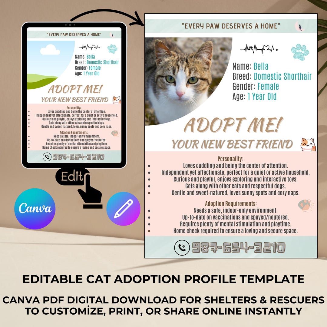 Editable Cat Adoption Profile Template: Canva Design (PDF Digital ...