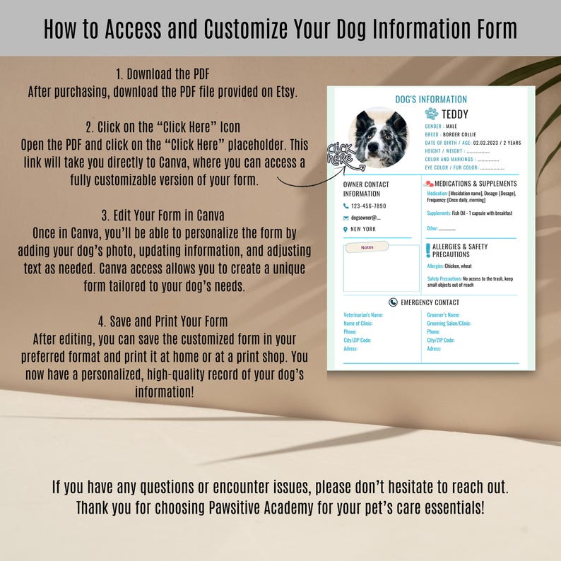 Printable Dog Info Sheet: Editable Pet Record Canva Template - Etsy