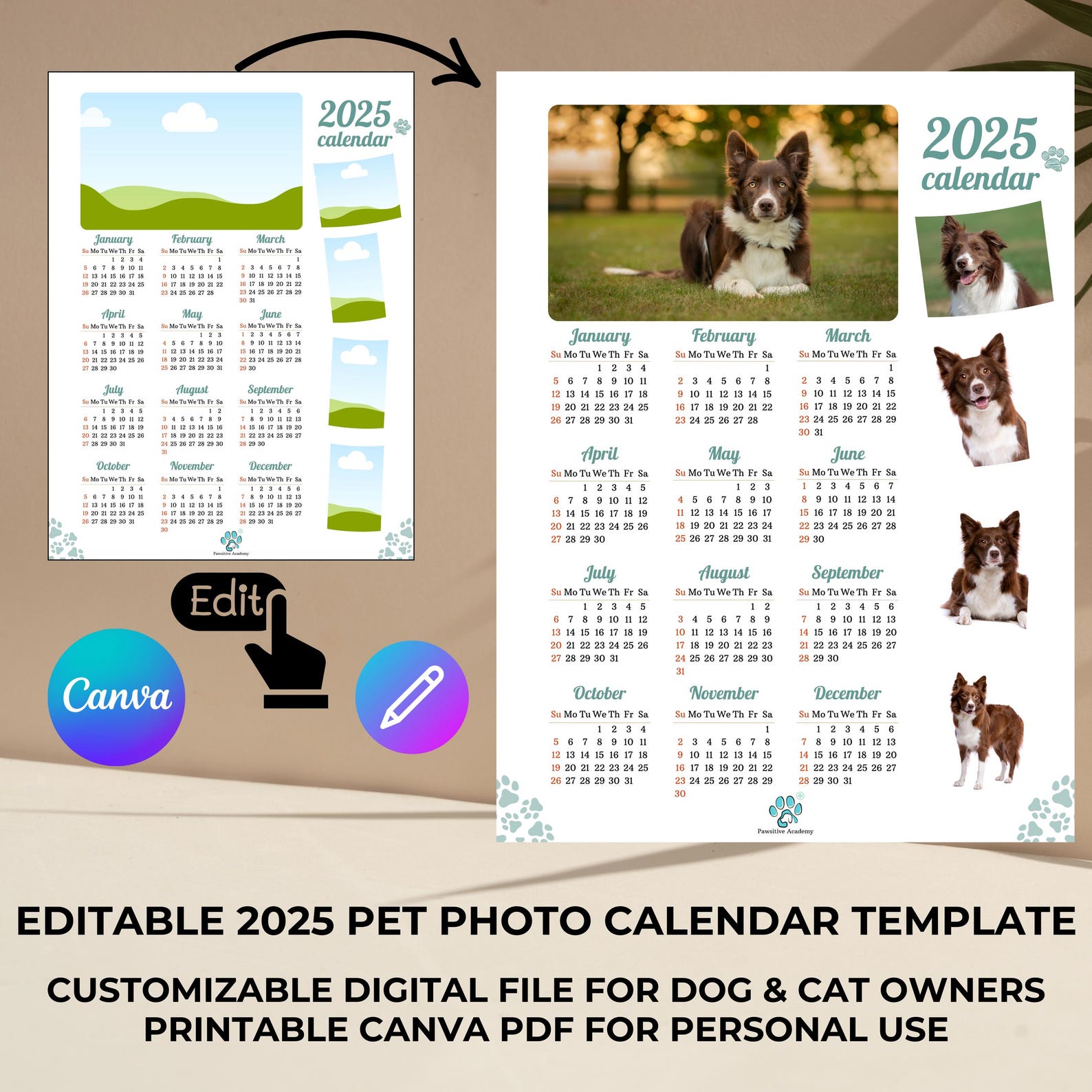 Editable 2025 Pet Photo Calendar Template - Customizable Digital File ...