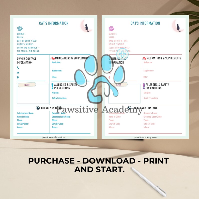 Editable Cat Information Sheet: Pet Emergency Record (printable PDF) - Etsy