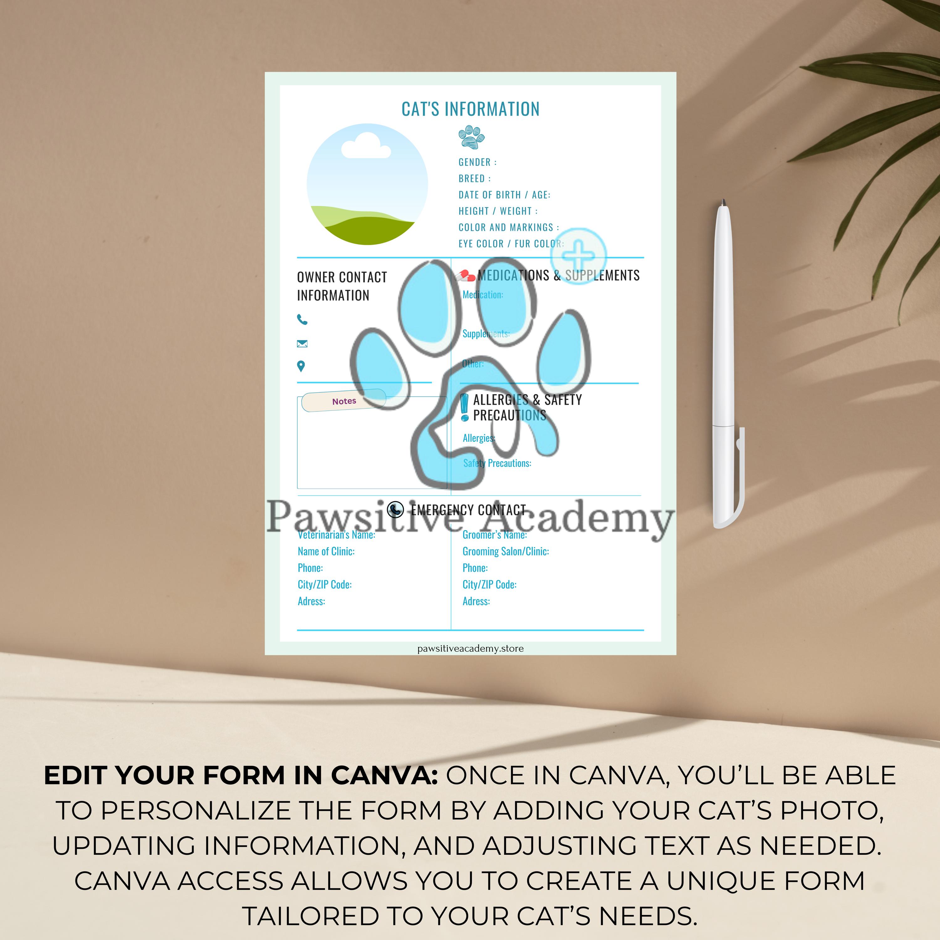 Editable Cat Information Sheet: Pet Emergency Record (printable PDF) - Etsy
