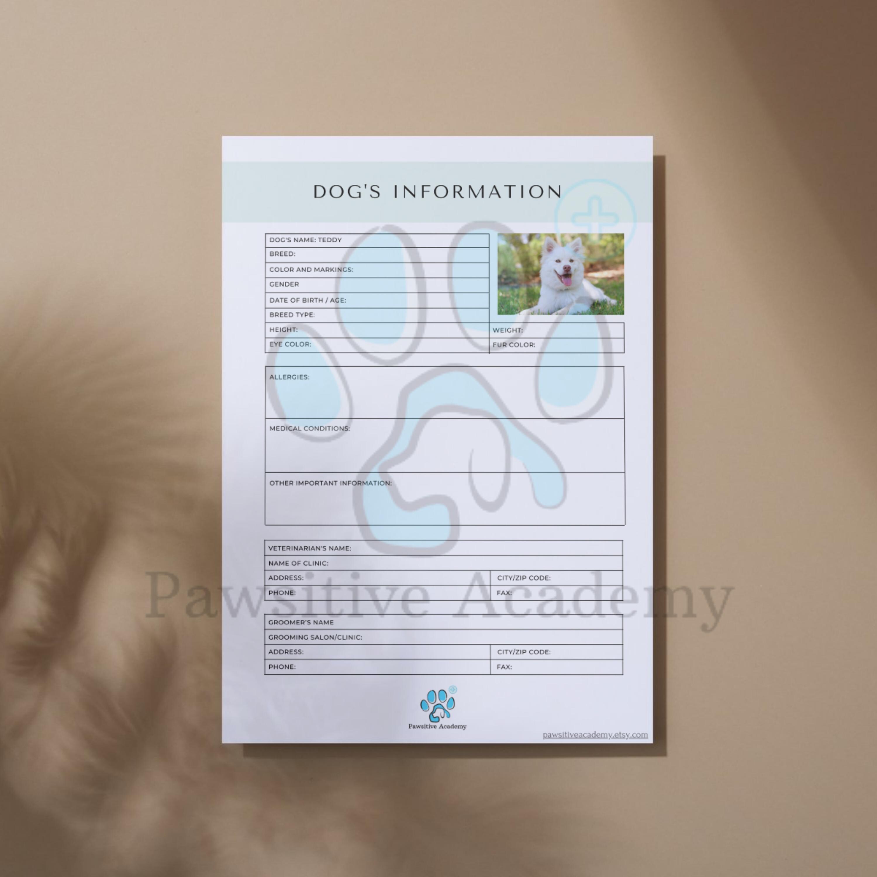 Printable & Editable Dog Profile Sheet - Personalized Pet Health / Care ...