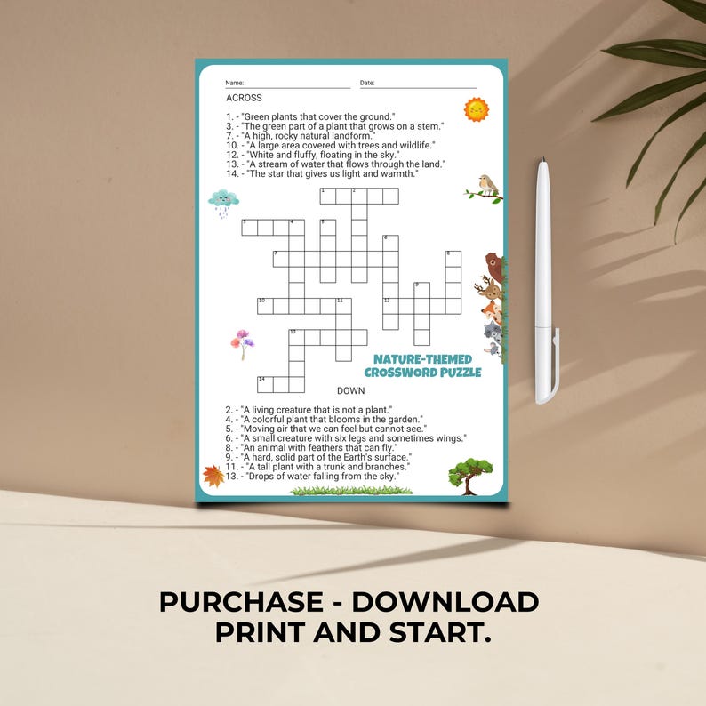 Nature Crossword Puzzle for Kids: Educational Printable (PDF) - Etsy ...