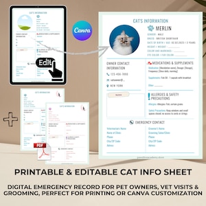 Printable & Editable Cat Info Sheet – Digital Emergency Record for Pet ...