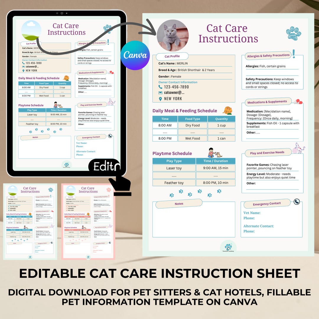 Editable Cat Care Instruction Sheet - Digital Download for Pet Sitters ...