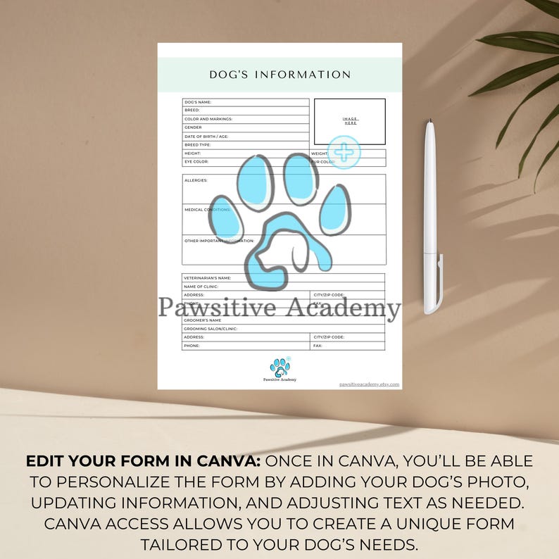 Printable & Editable Dog Profile Sheet - Personalized Pet Health / Care ...