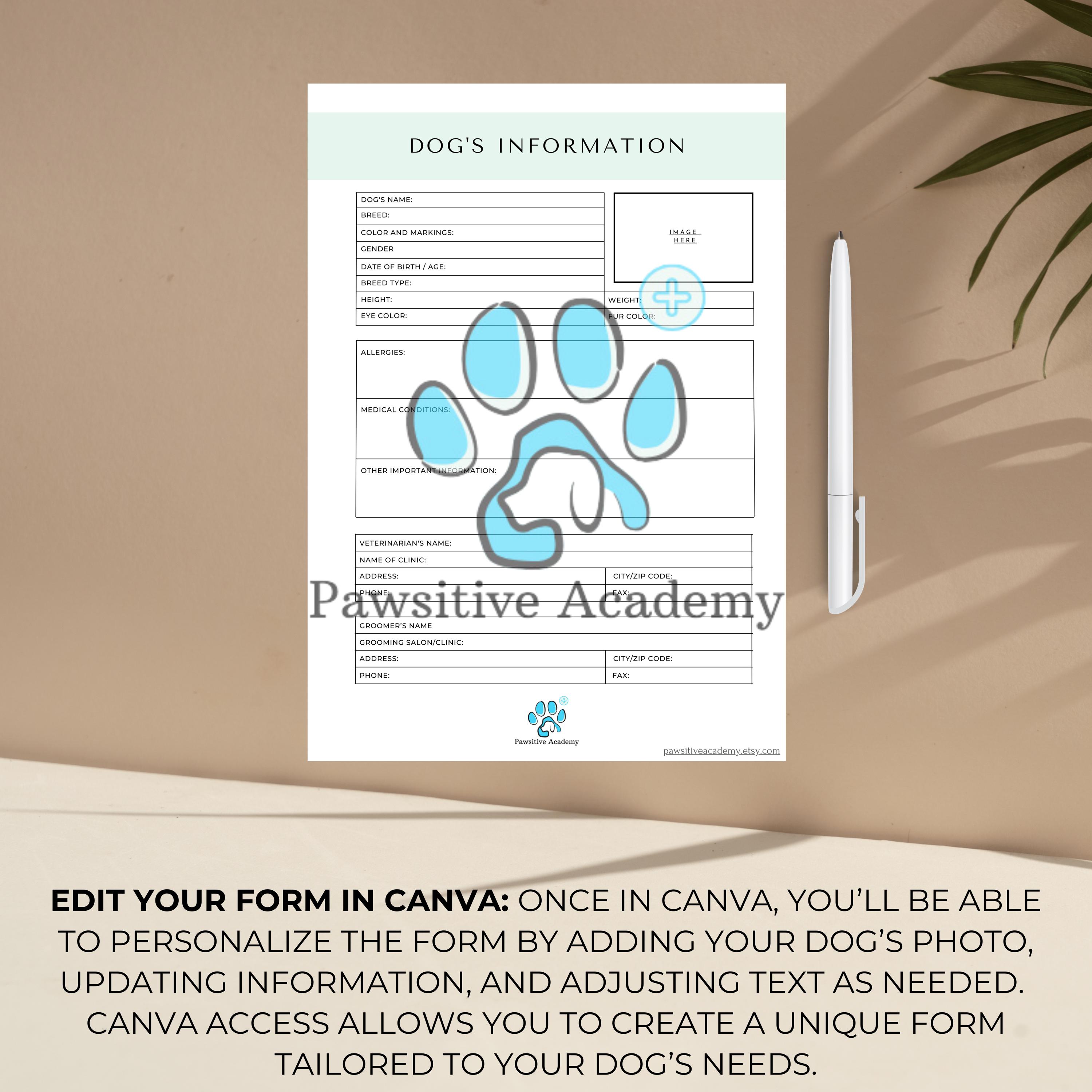 Printable & Editable Dog Profile Sheet - Personalized Pet Health / Care ...
