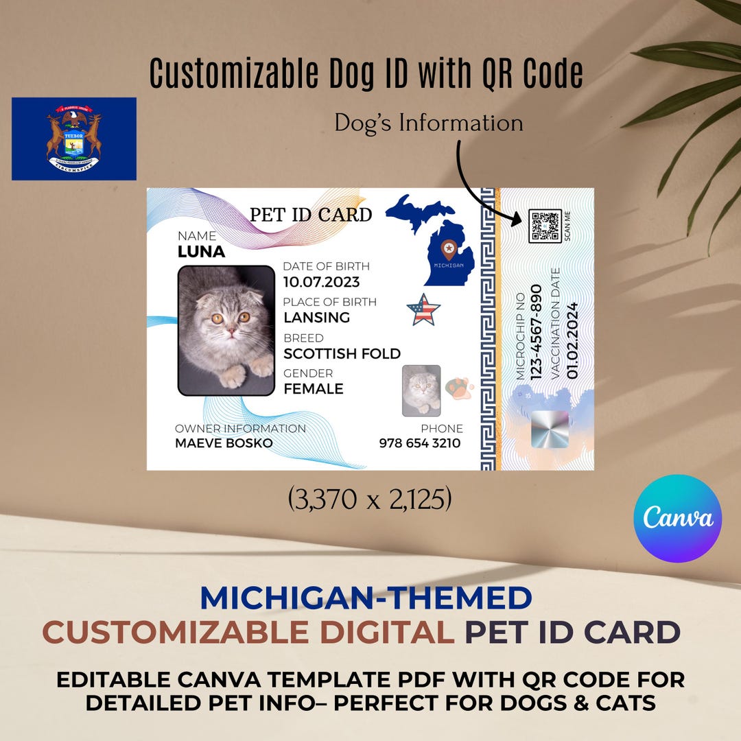 Michigan Pet ID Card: Editable Canva Template With QR Code (PDF) - Etsy