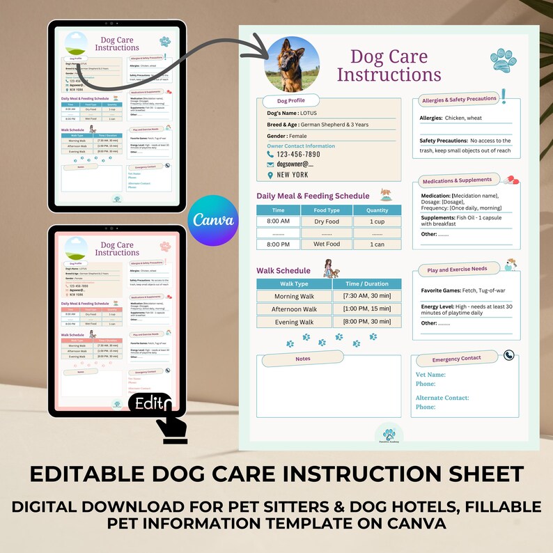 Editable Dog Care Instruction Sheet - Digital Download for Pet Sitters ...