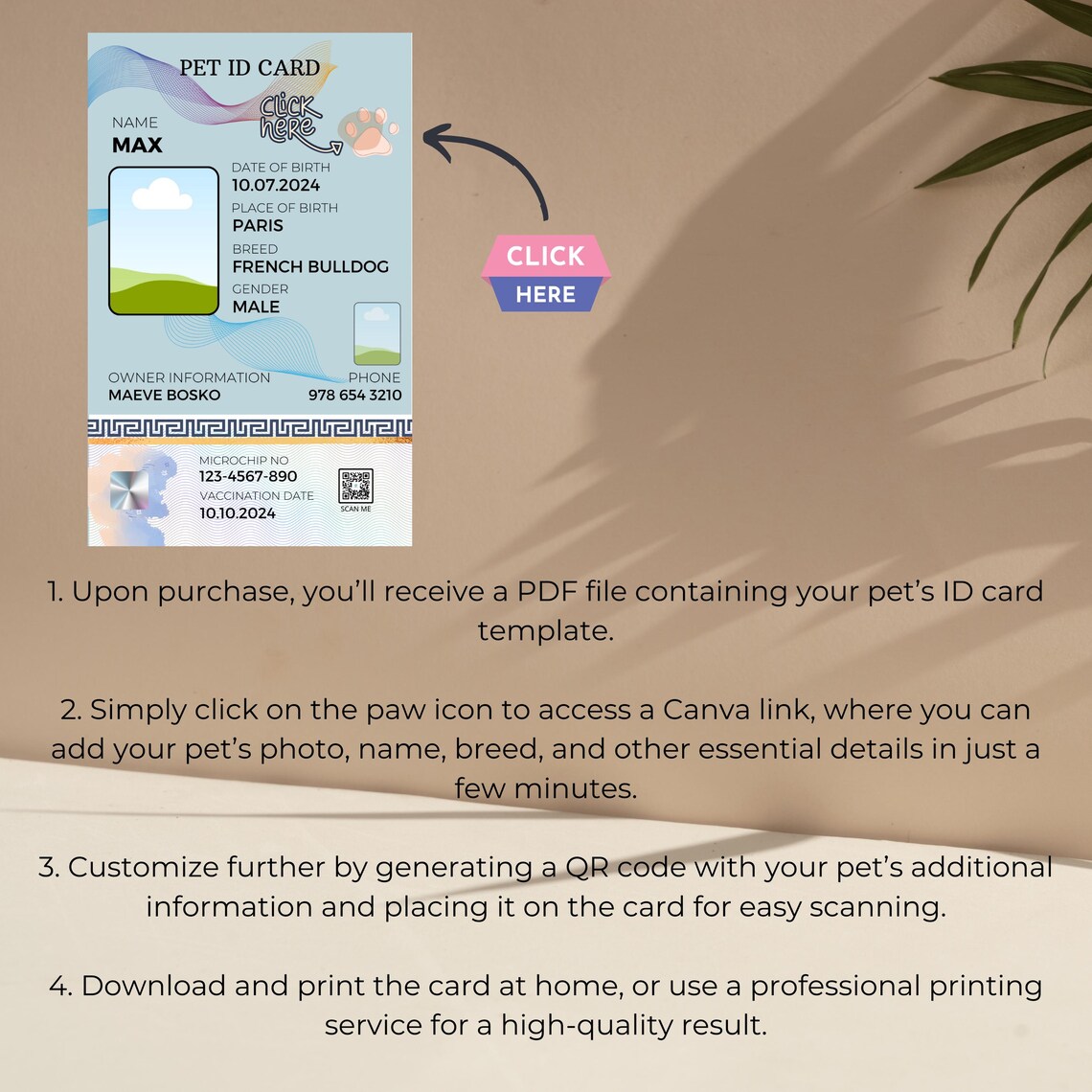 Custom Digital Pet ID Card Template With QR Code - Editable Canva PDF ...