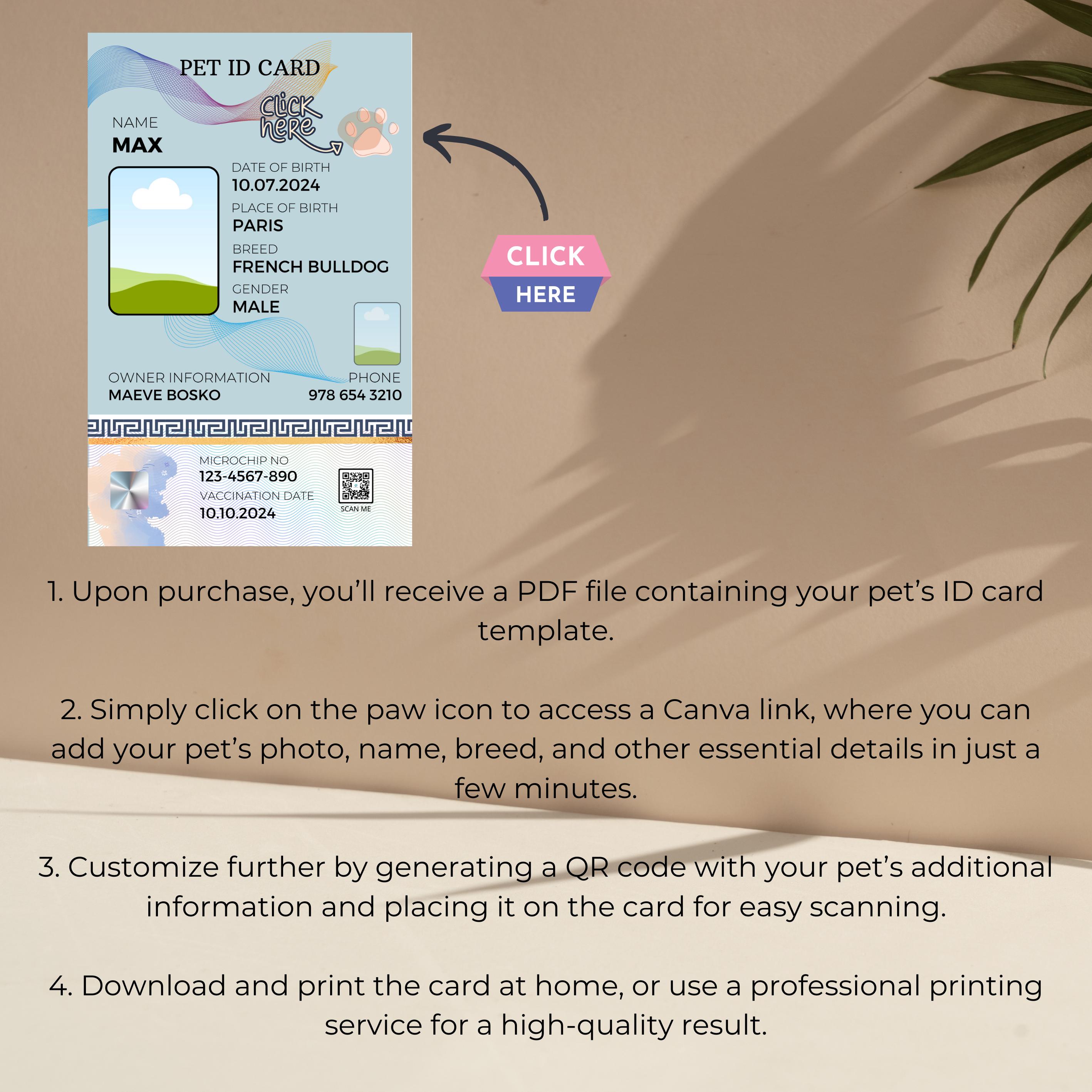 Custom Digital Pet ID Card Template With QR Code - Editable Canva PDF ...