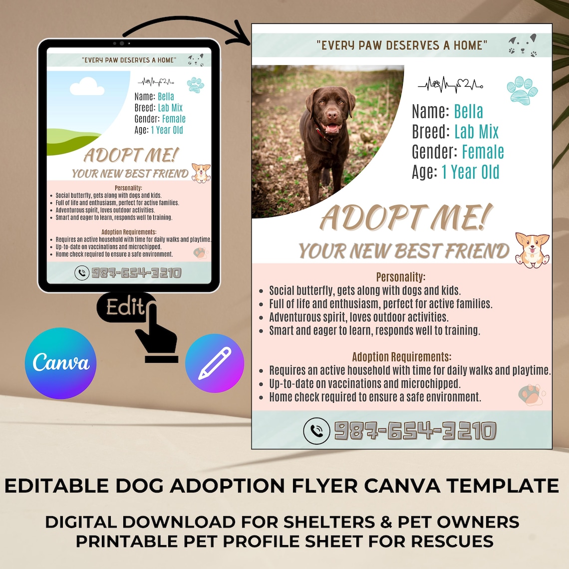 Editable Dog Adoption Flyer Canva Template | Digital Download for ...