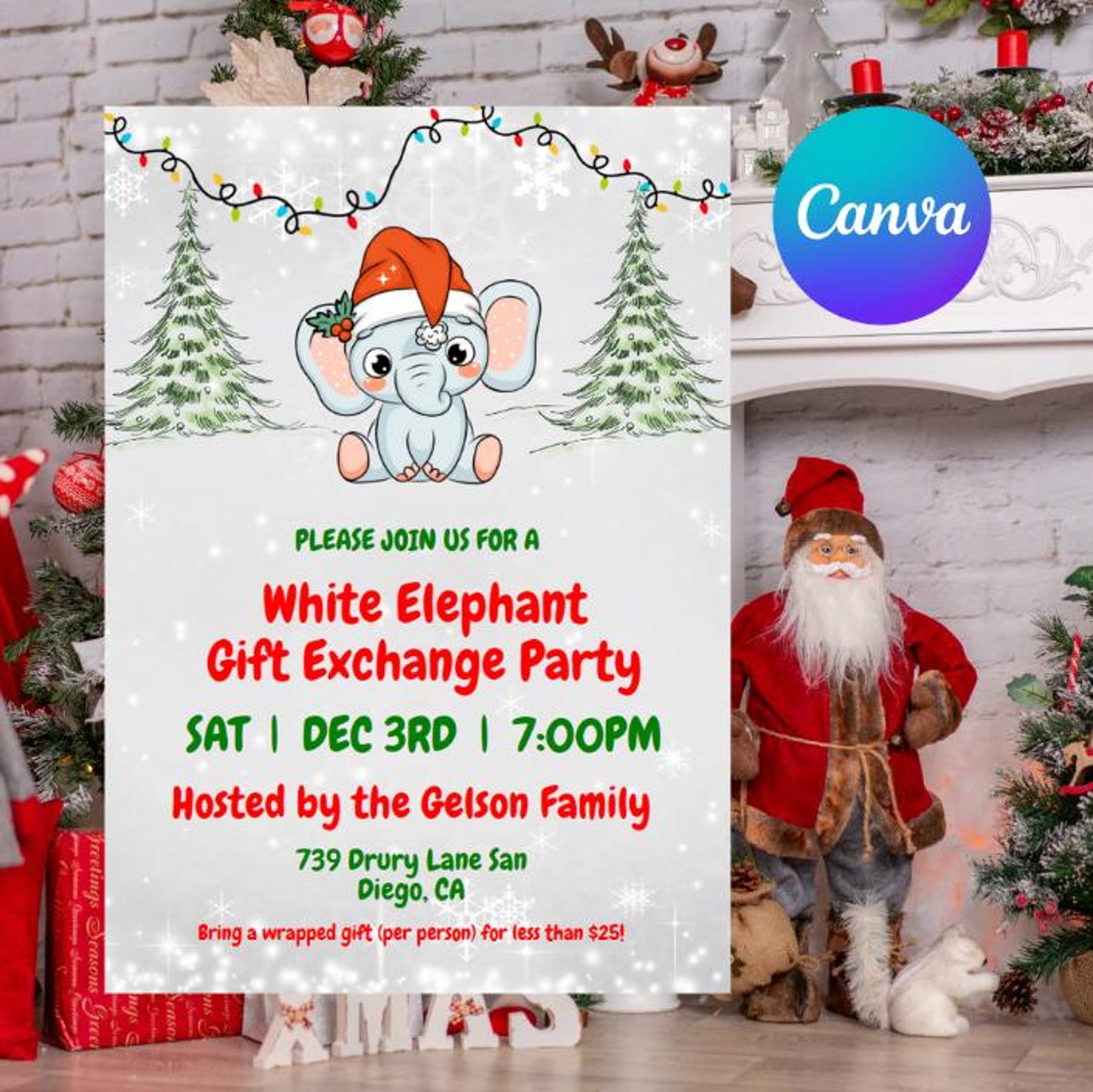 White Elephant Christmas Party Invitation Template | Editable ...