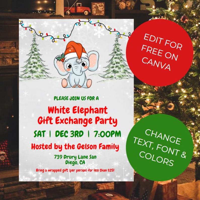 White Elephant Christmas Party Invitation Template Editable & Printable ...