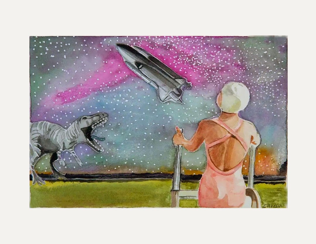 Surrealist Dinosaur Rocket Watercolor Art: Whimsical Night Sky Collage ...