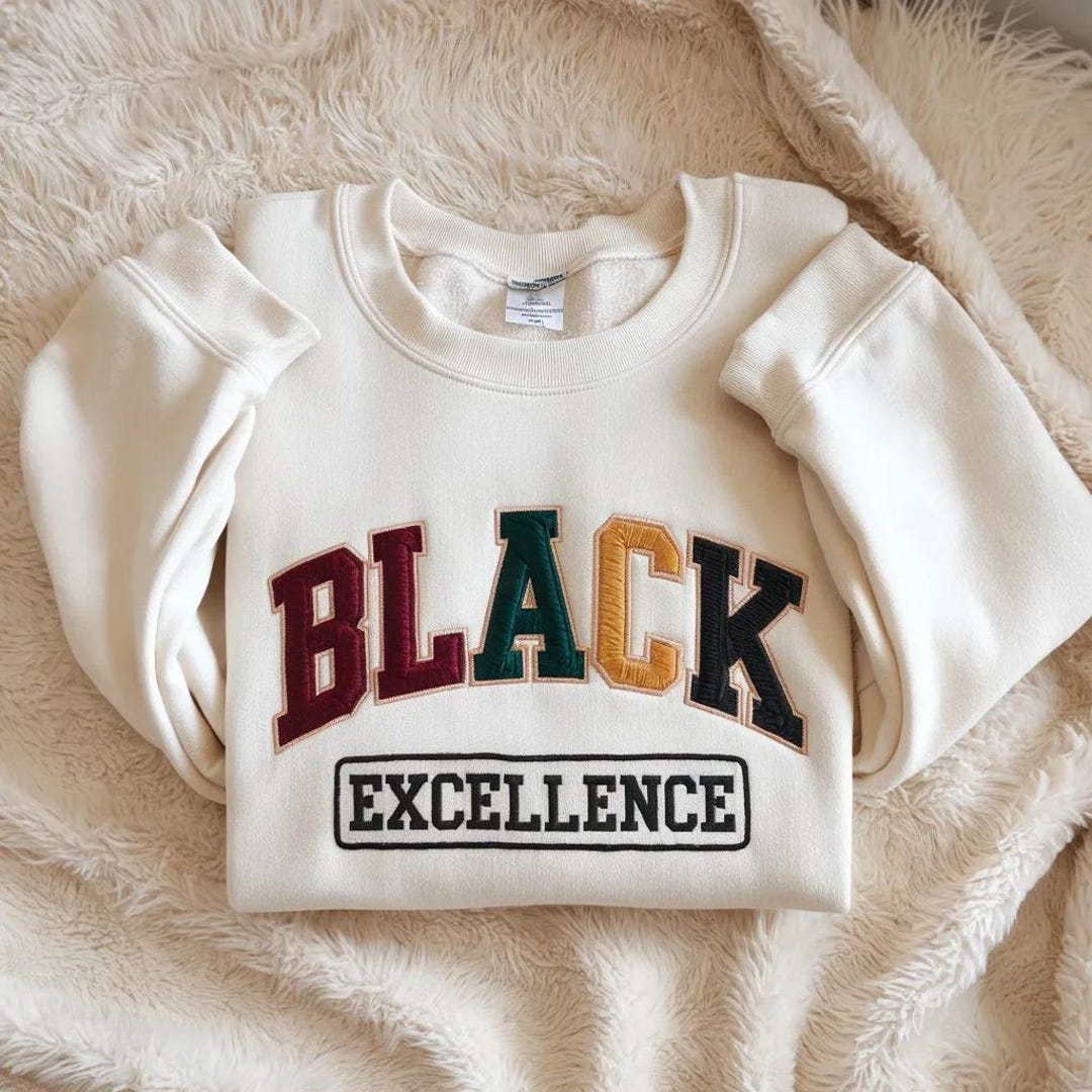 Embroidered Black Excellence Sweatshirt, Faux Crochet Yarn Style ...