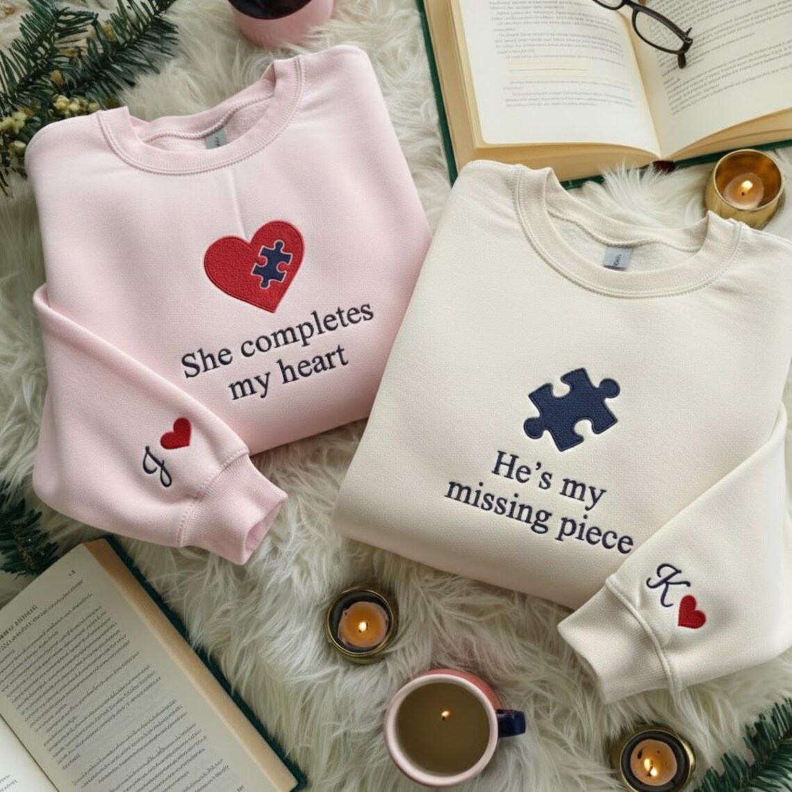 Custom Embroidered Heart Puzzle Piece Couples Sweatshirt , Initial on ...