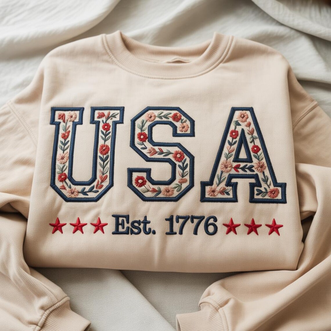 Floral USA Embroidered Appliqué Sweatshirt American Girl Shirt USA Est ...