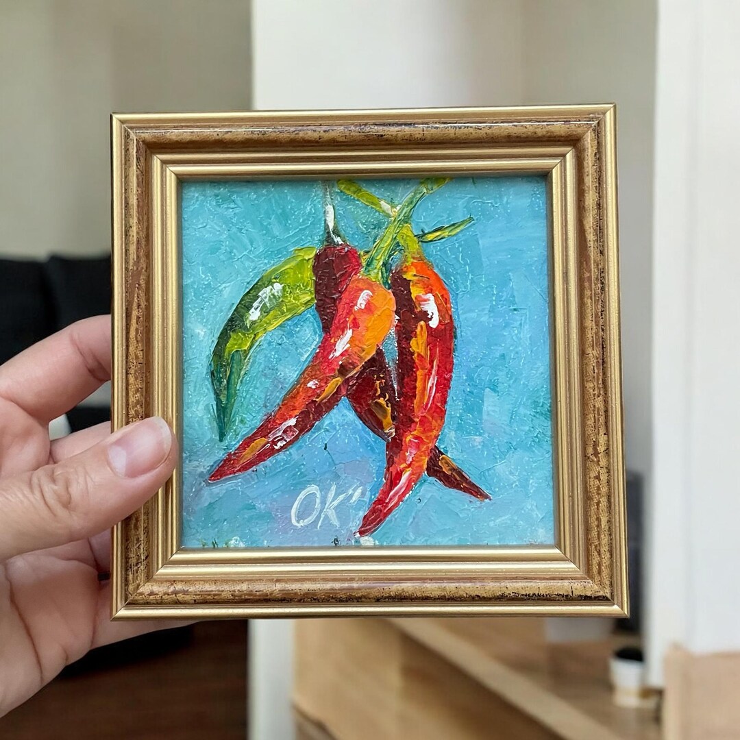 Chili Pepper Oil Painting Textured Artwork Kitchen Wall Art Impasto ...