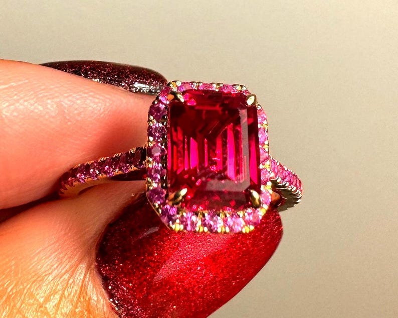 2CT Ruby Engagement Ring Lab Grown Gemstone Emerald Cut 10K Yellow Gold ...
