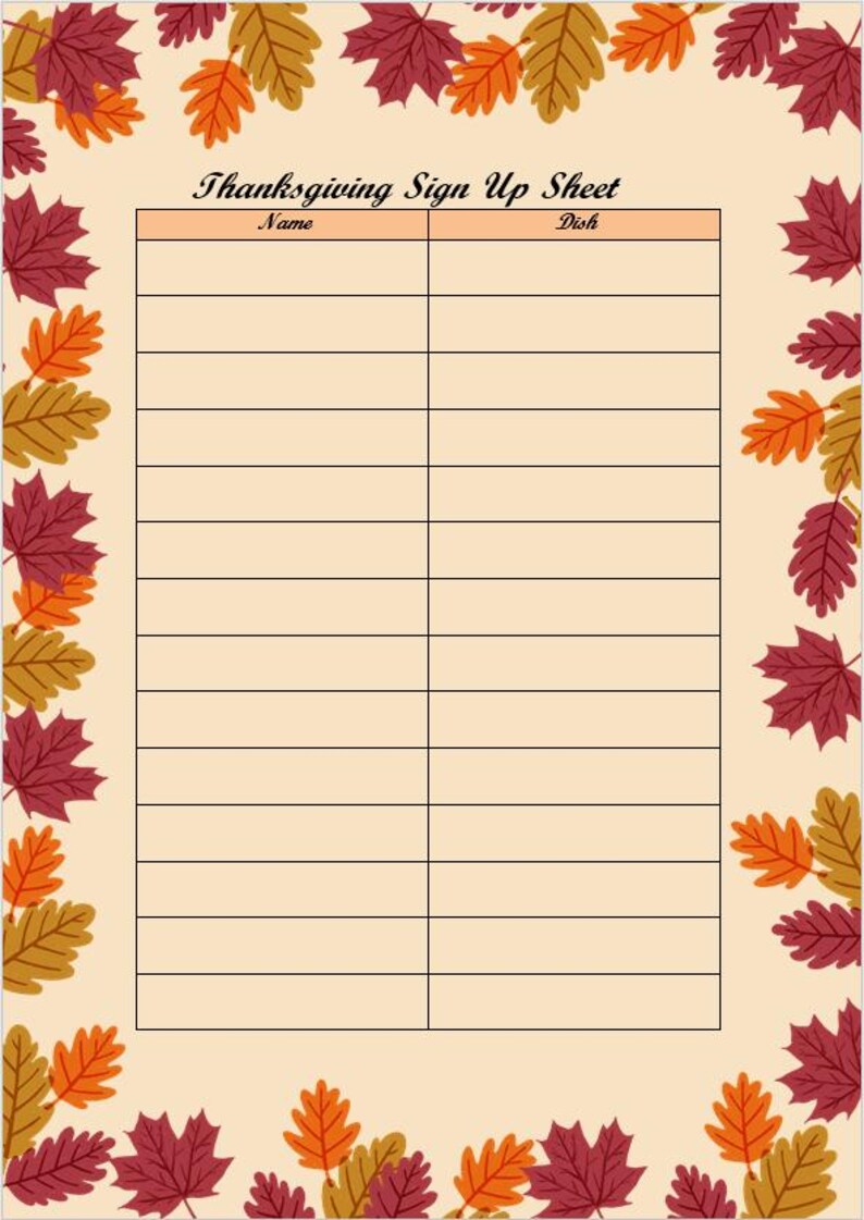 Thanksgiving Potluck Sign up Sheet - Etsy Israel