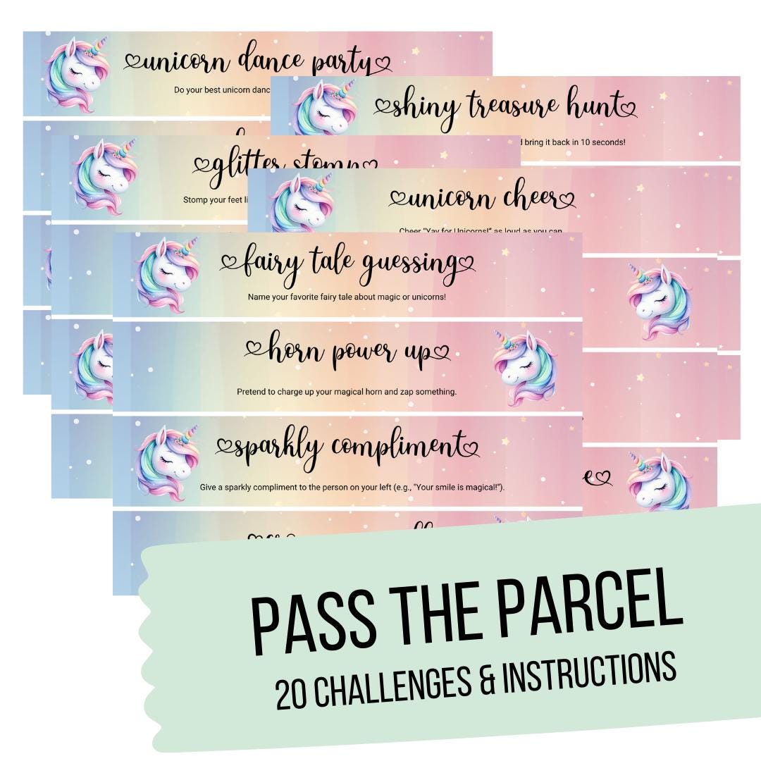 Unicorn Pass the Parcel Game: Birthday Party Challenge Cards (digital ...