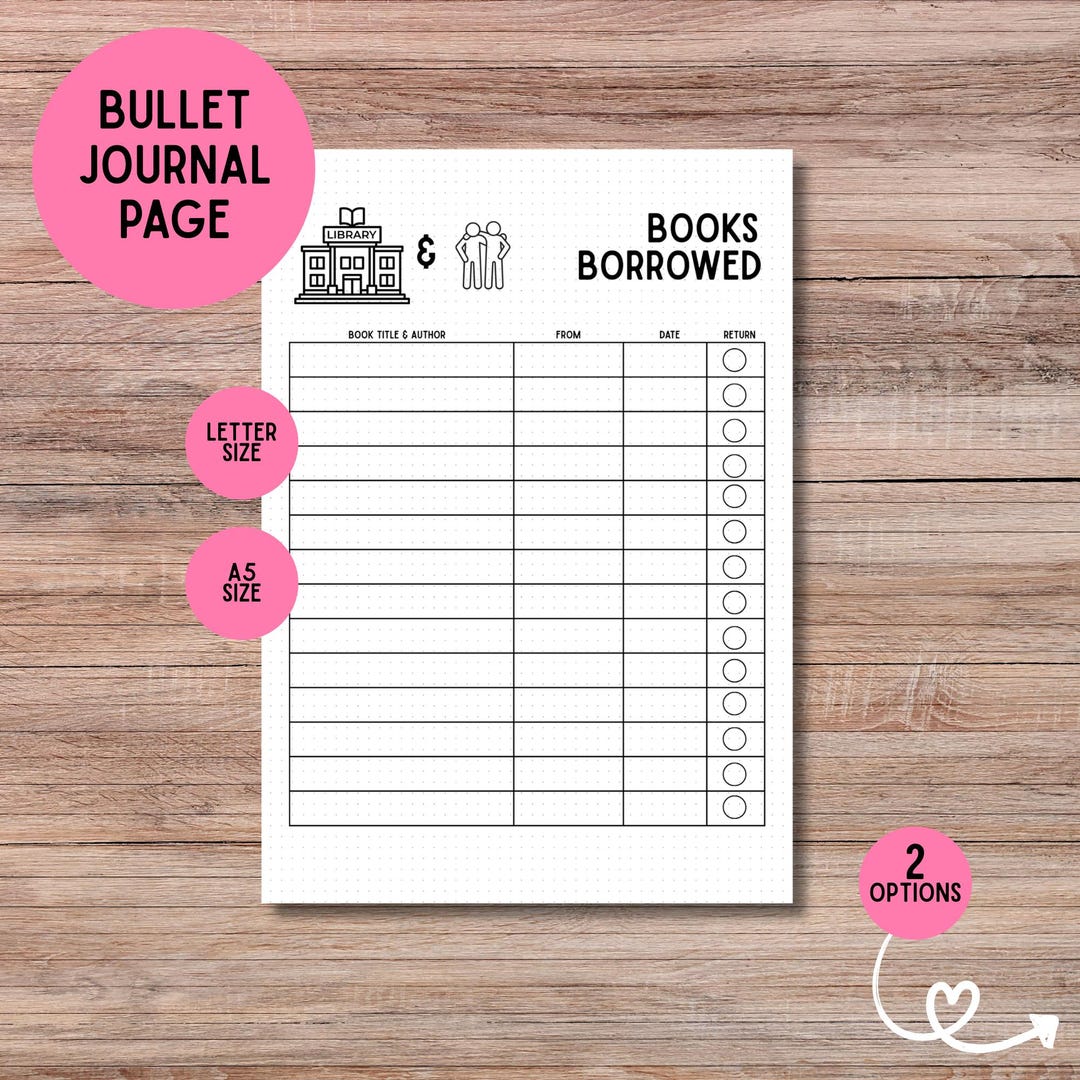 Books Borrowed Tracker – Printable Bullet Journal Page (letter + A5 ...