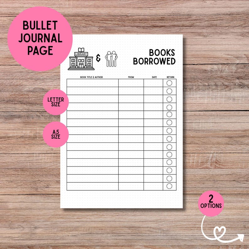 Books Borrowed Tracker – Printable Bullet Journal Page (letter + A5 ...