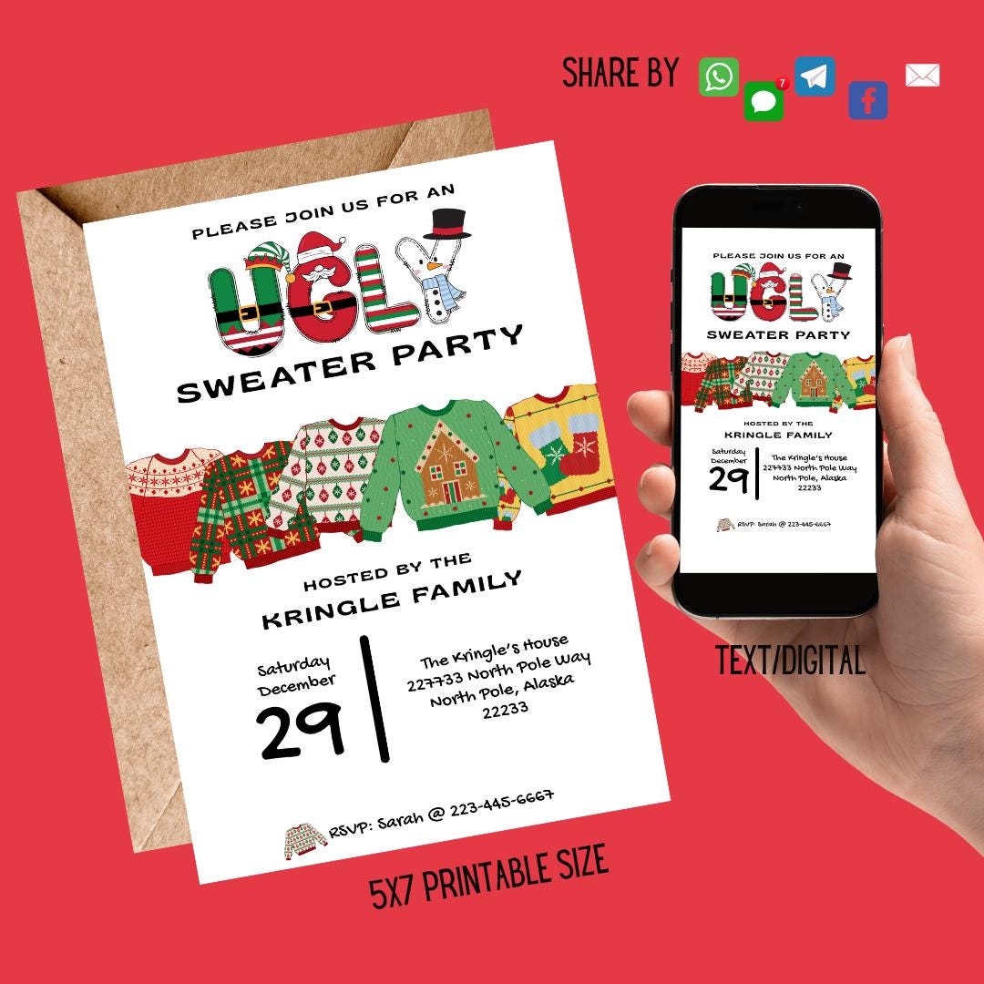 Editable Ugly Sweater Christmas Party Invitation (digital & Printable ...