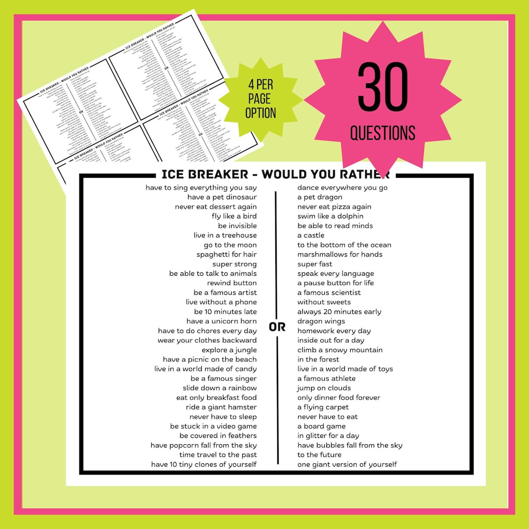 Would You Rather Icebreaker Game: 30 Fun Questions (digital Download - Etsy
