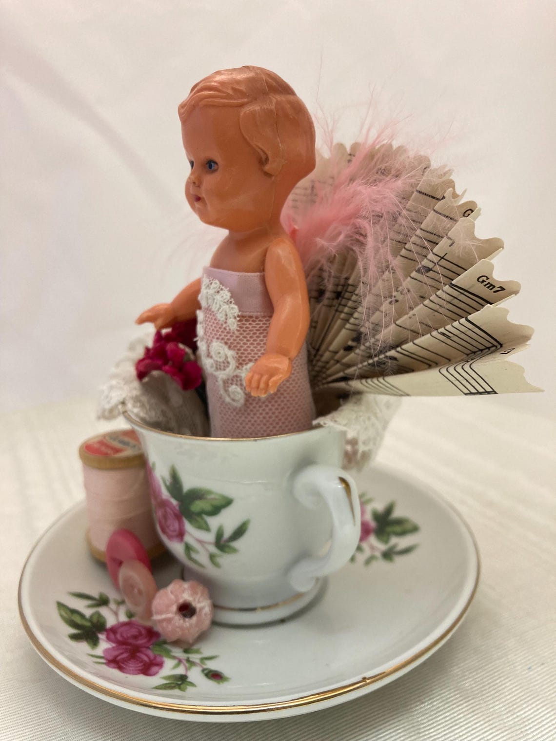 Angel Girl in a Teacup Assemblage Decor, Roses Cup & Saucer With ...