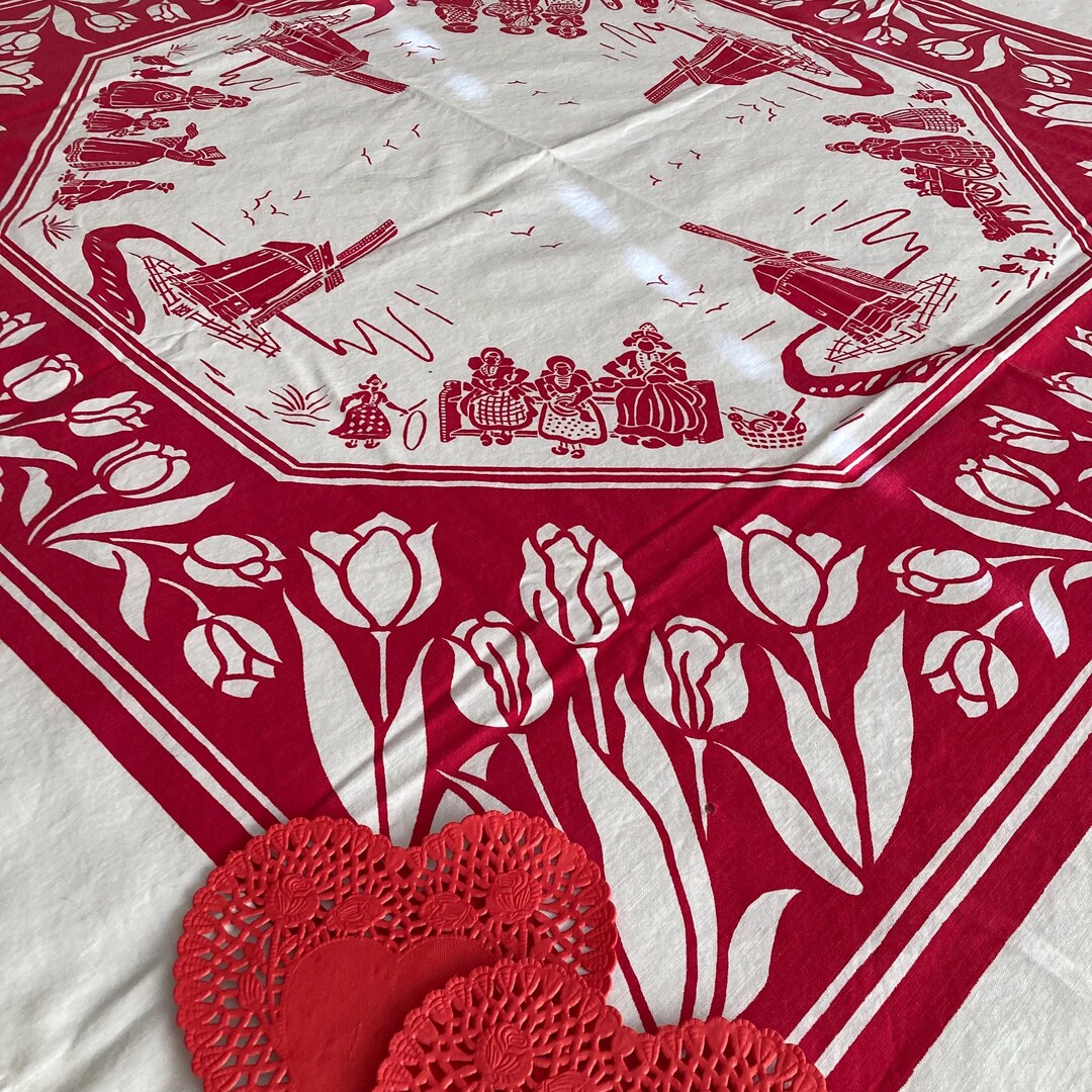 Red & White Dutch Tulip Tablecloth, Vintage Printed Tulips on Cotton ...