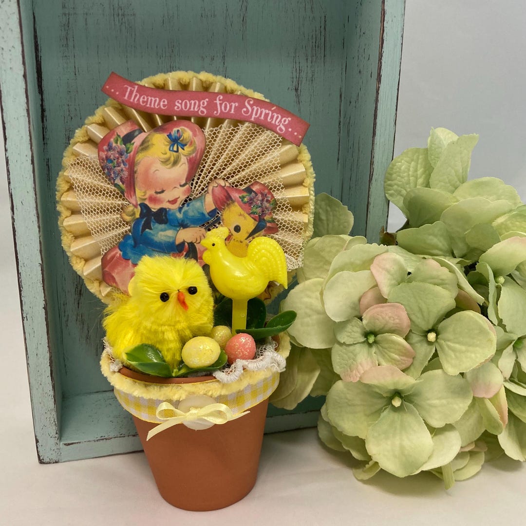 Easter Flower Pot Chick Decor, Spring Mixed Media Vintage Style ...