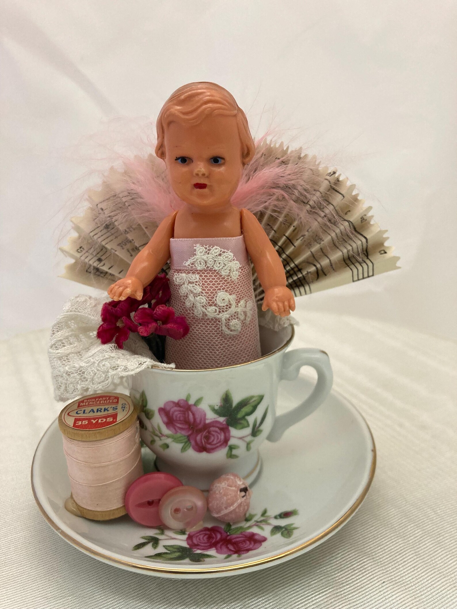 Angel Girl in a Teacup Assemblage Decor, Roses Cup & Saucer With ...