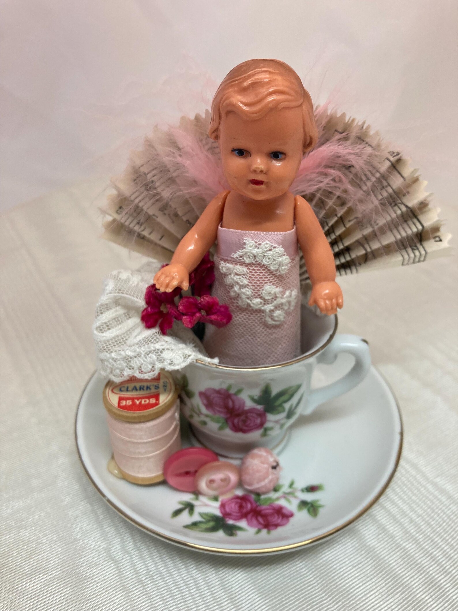 Angel Girl in a Teacup Assemblage Decor, Roses Cup & Saucer With ...