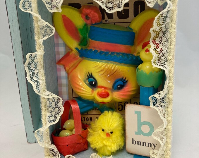 Easter Bunny Shadow Box, Vintage Colorful Framed Bunny Assemblage ...