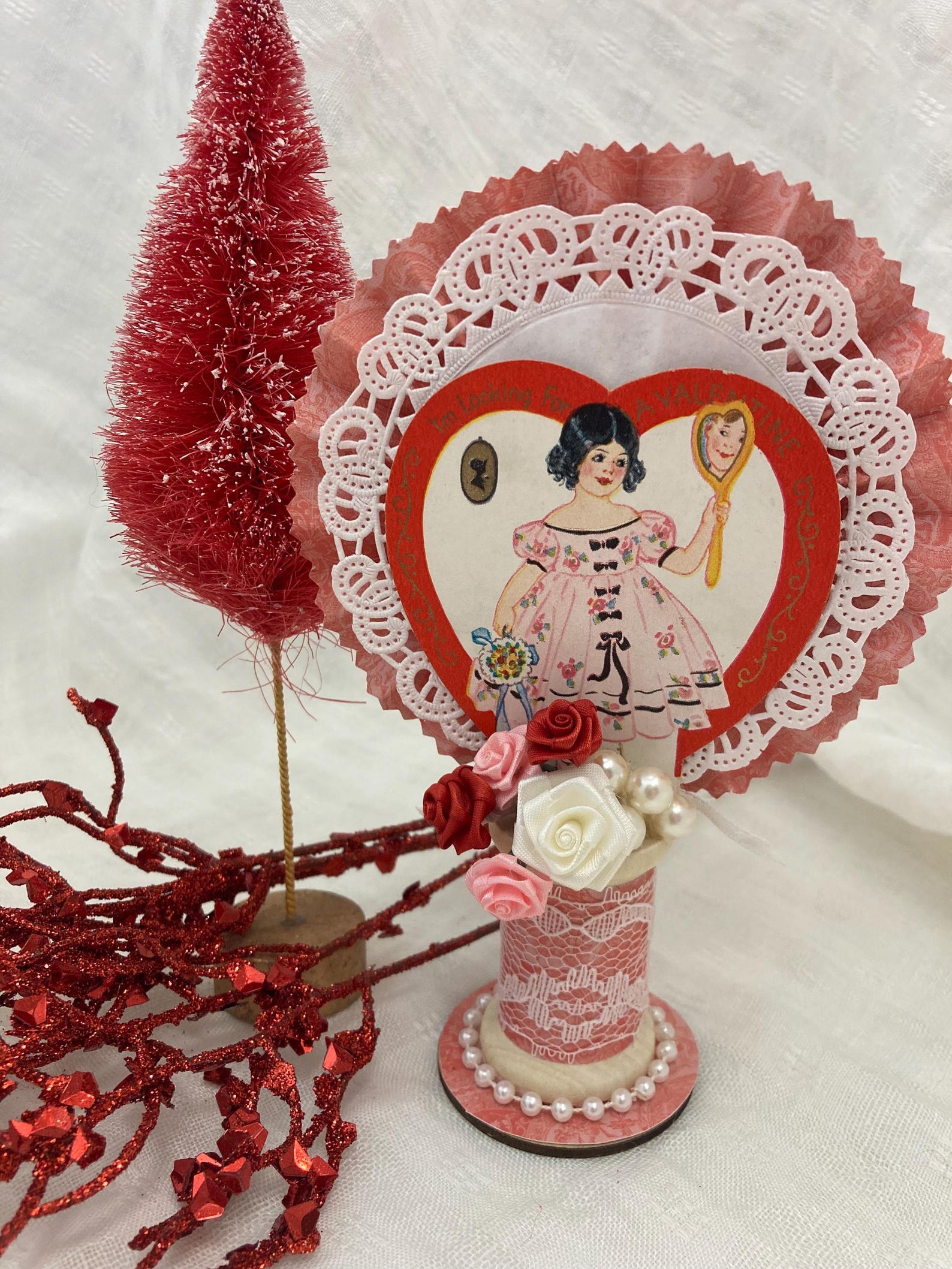 Handmade Valentines Day Pearls & Roses Spool Assemblage, February Love ...