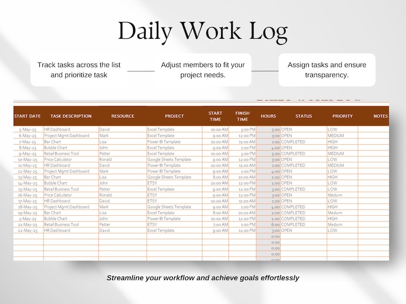 Daily Work Log Excel Spreadsheet, Excel Daily Work Log Template, Daily ...