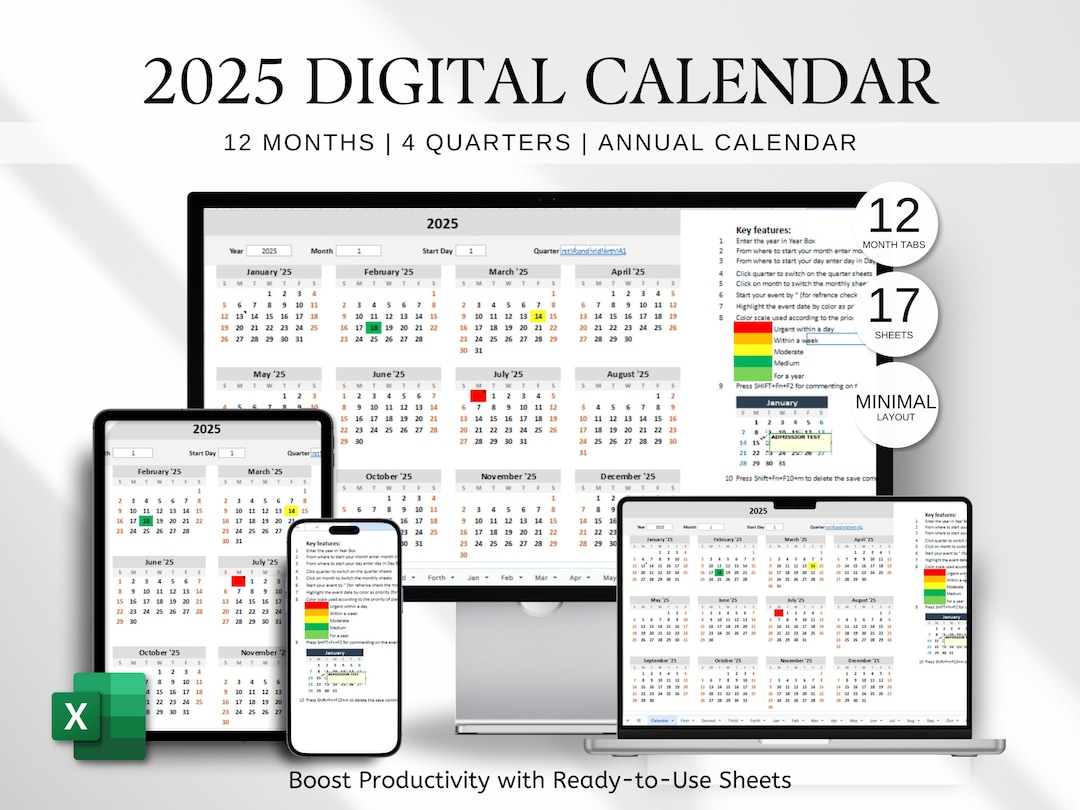 2025 Excel Calendar, Excel Monthly Calendar 2025, Task Tracker Excel ...