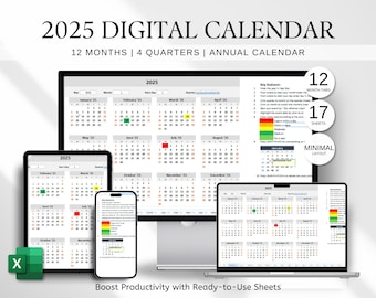 2025 Excel Calendar, Excel Monthly Calendar 2025, Task Tracker Excel ...