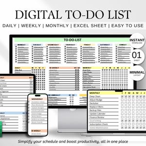 Digital To-do List Excel Template Daily, Weekly, Monthly, Quarterly ...