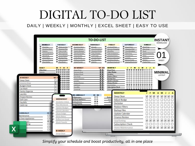 Digital To-do List Excel Template Daily, Weekly, Monthly, Quarterly ...